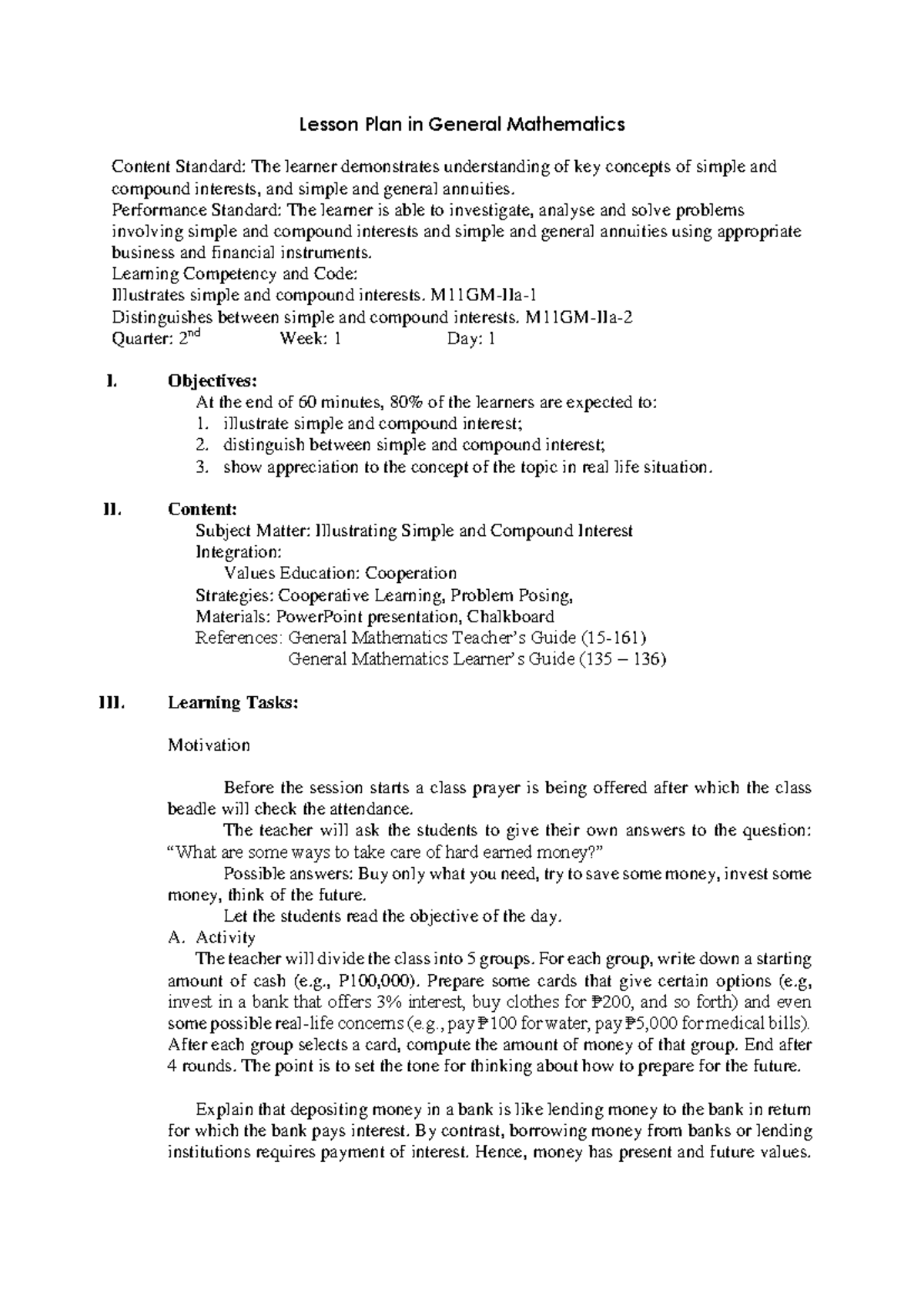 Lesson Plan on Simple & Compound Interests - M11GM-IIa-b - Studocu