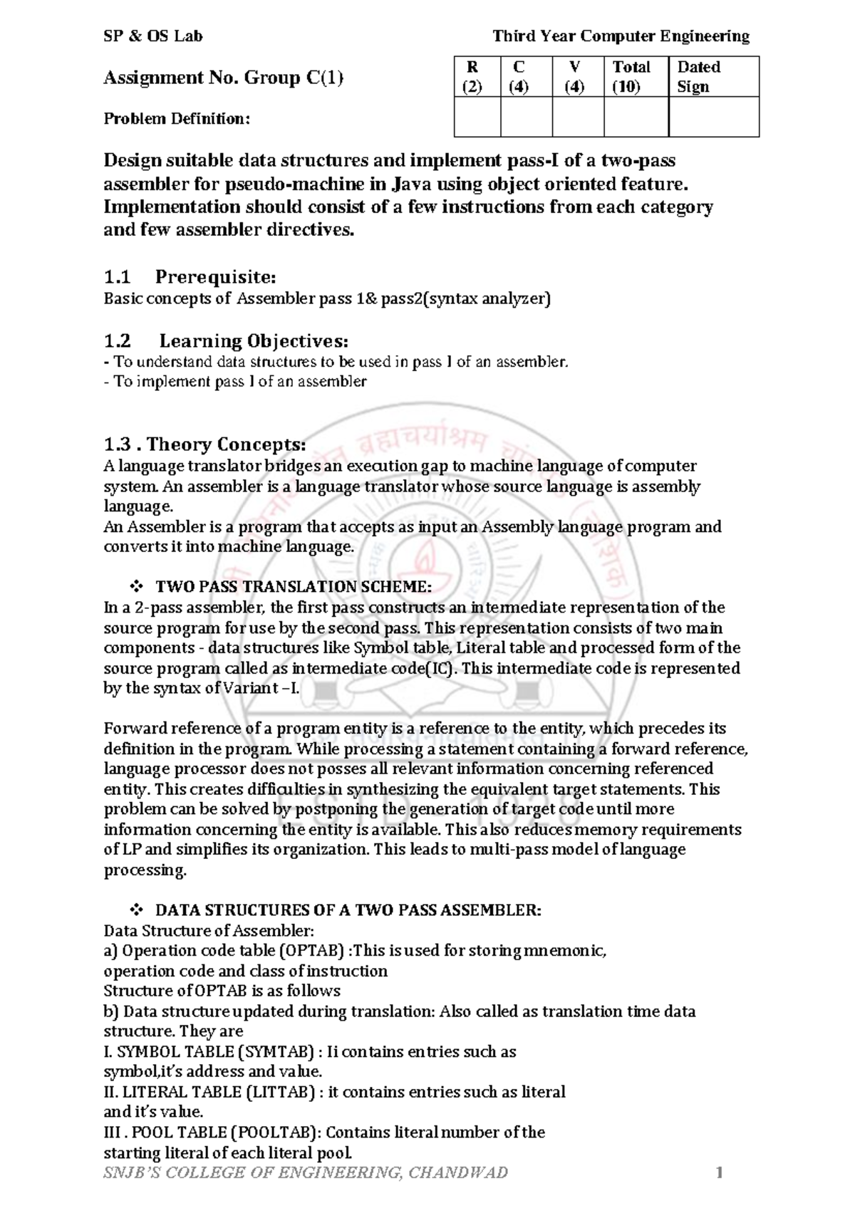 Assembler Pass I Implementation Guide - SPOS Lab 3rd Year CE - Studocu