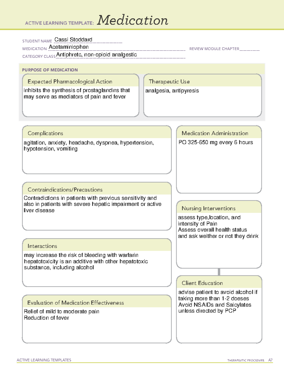 Acetaminophen - ATI Active Learning Template for Med Use - Studocu