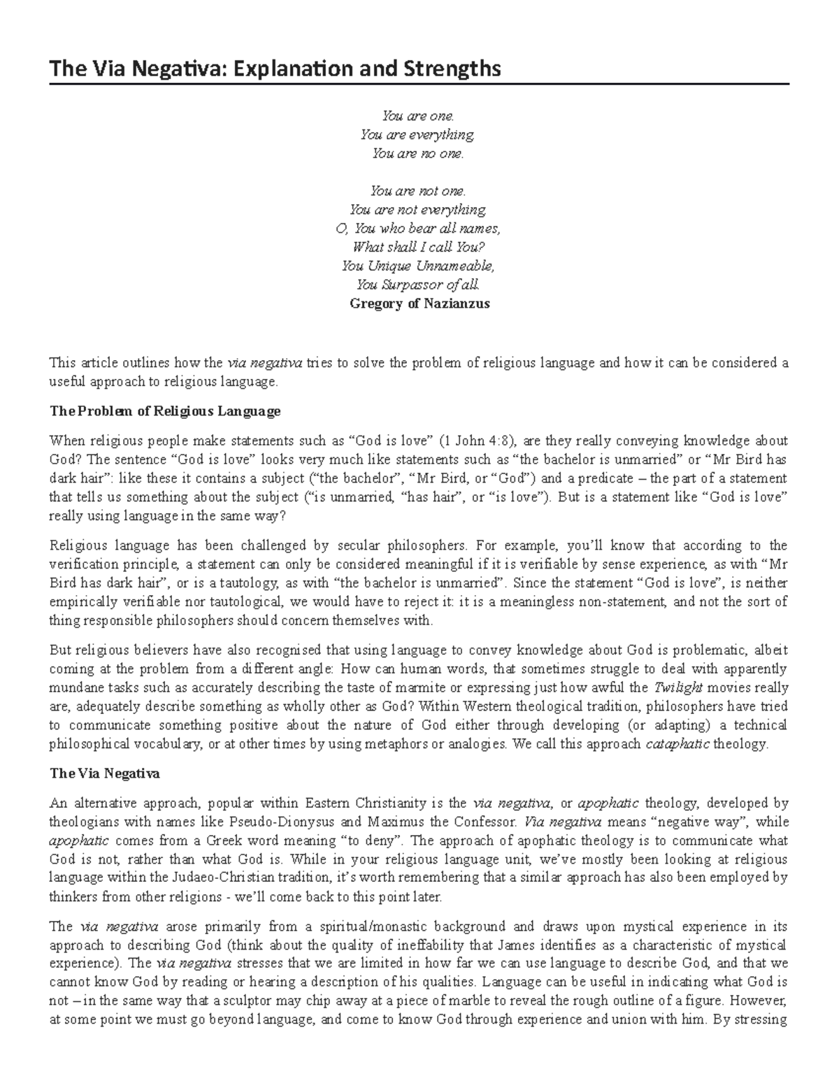 A-Level Religious Studies: Insights on the Via Negativa Approach - Studocu