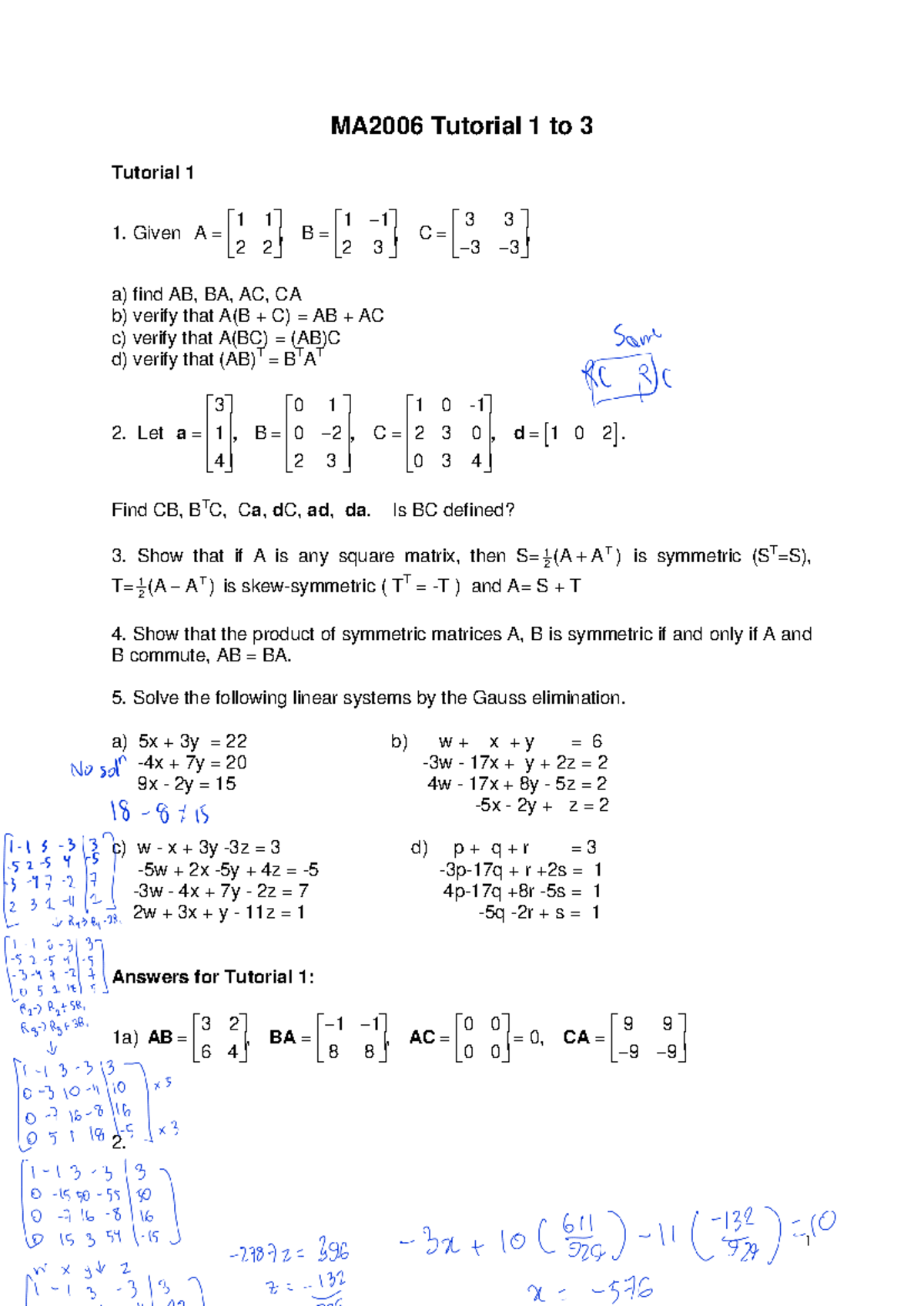 Ma2006 Tutorials 1 3 Handwritten Solutions And Answers Studocu