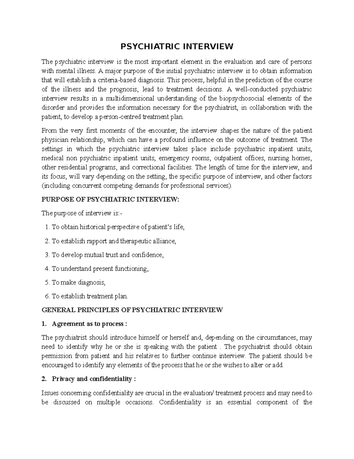 PSY 101: Psychiatric Interview Techniques and Principles Handouts - Studocu