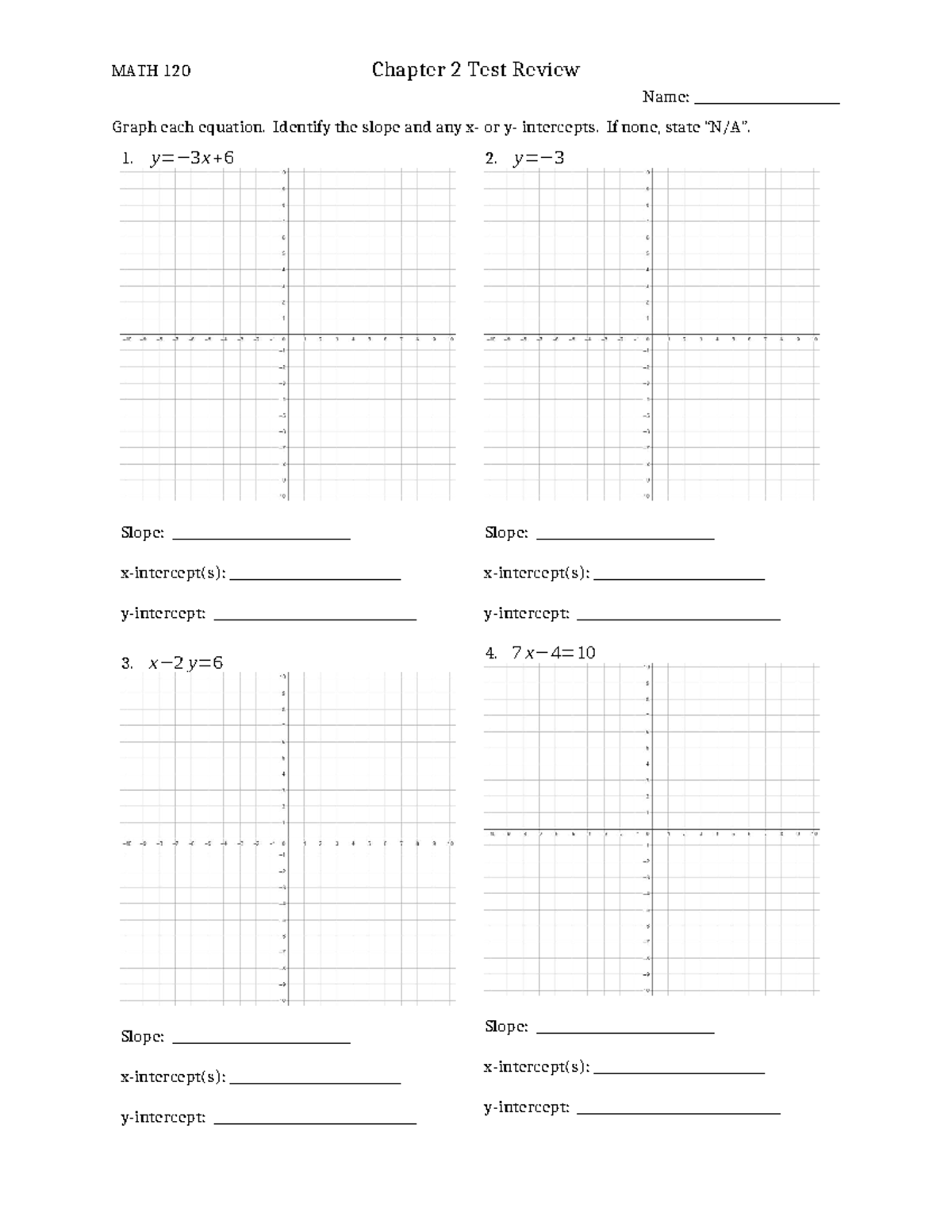 MATH 120 Chapter 2 Test Review: Graphs, Slope, and Functions - Studocu