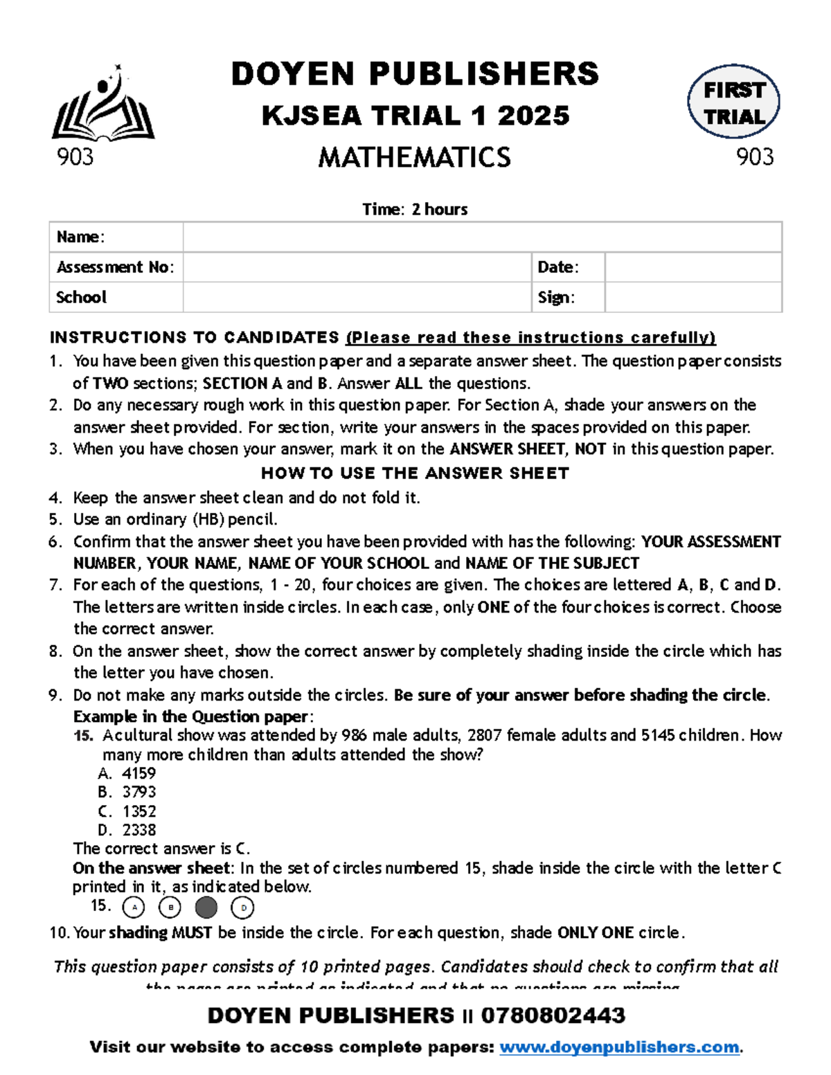 Grade 9 Mathematics KJSEA Trial 1 Exam Paper 2025 - Studocu