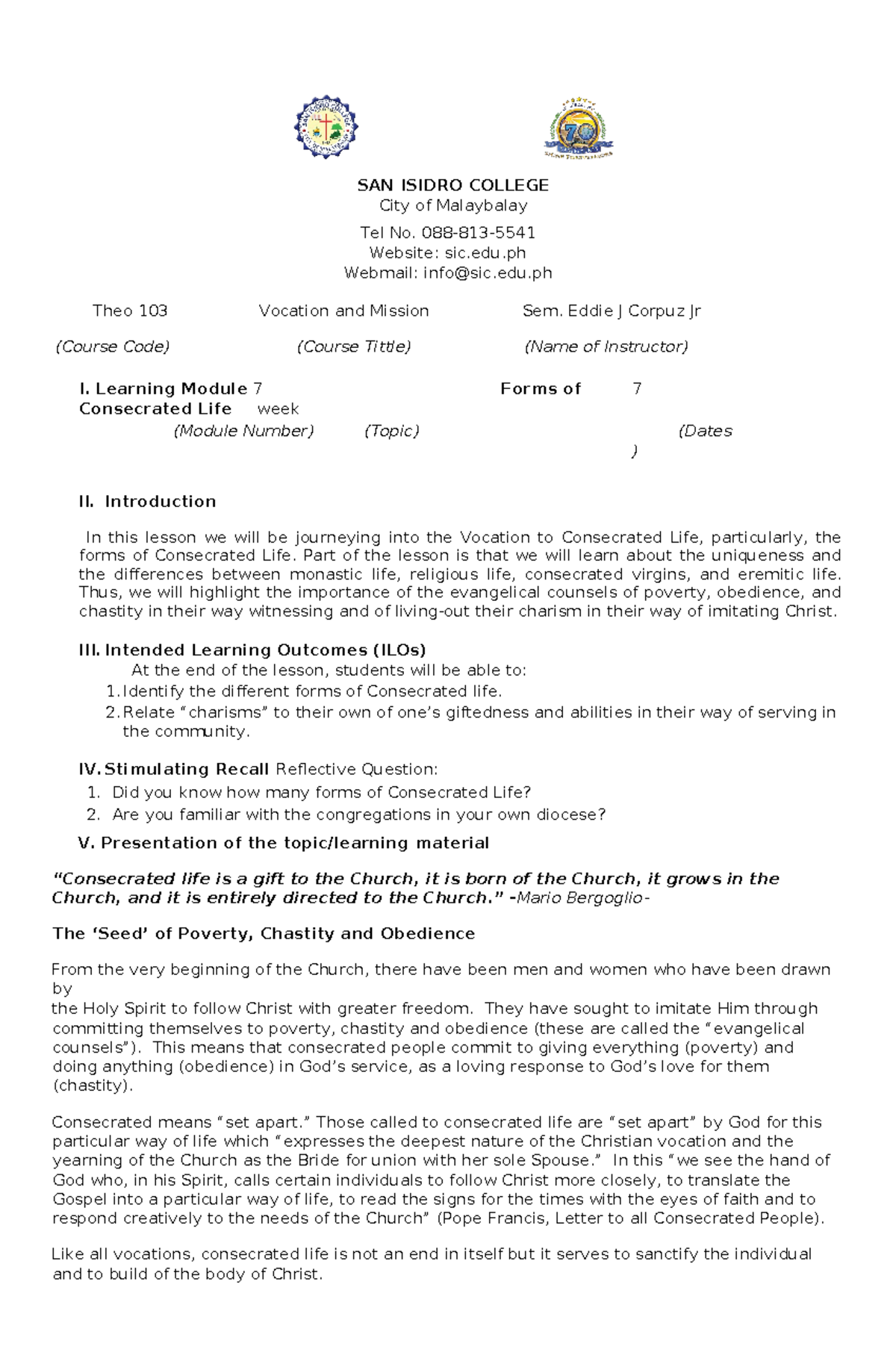 Theo 103 Vocation and Mission: Forms of Consecrated Life (Module 7 ...