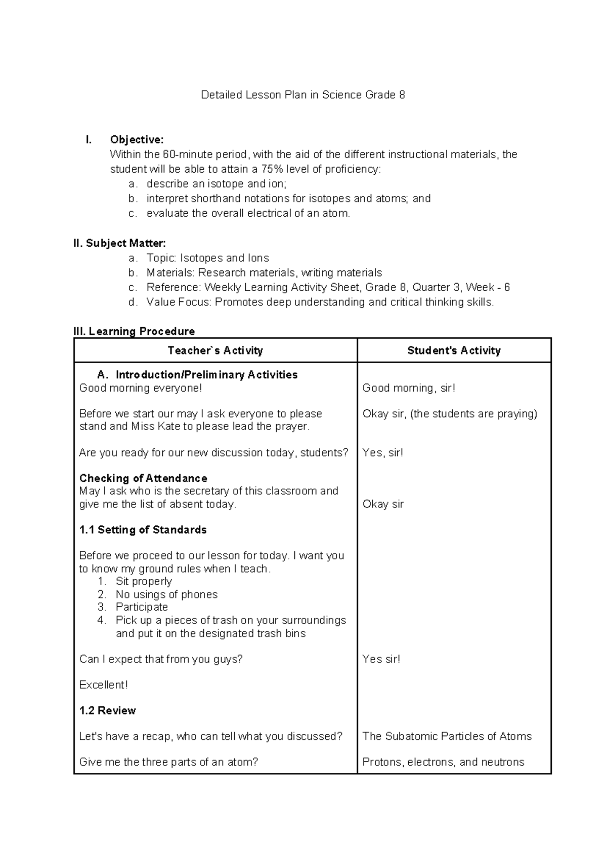Grade 8 Science Lesson Plan: Isotopes and Ions - Final Exam - Studocu