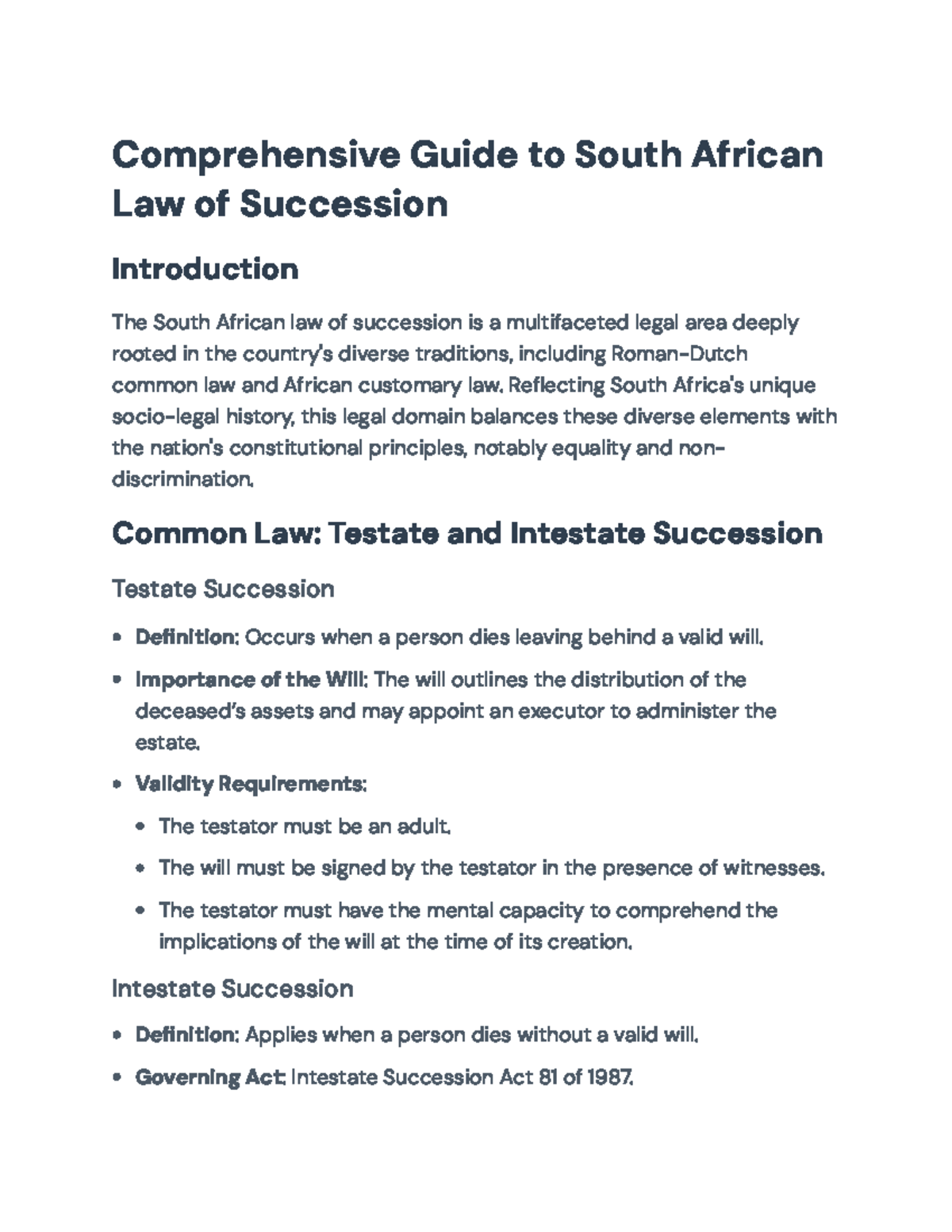 Comprehensive Overview of South African Law of Succession (LAW 101 ...