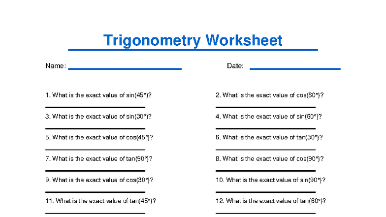 Trigonometry Worksheet 6: Exact Values & Problem Solving - Studocu