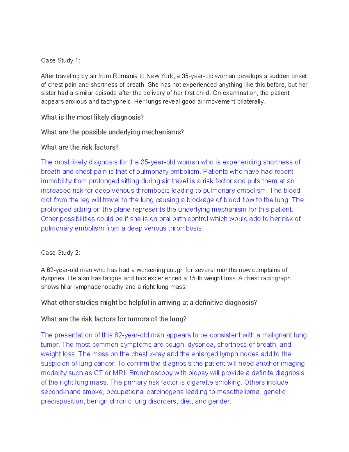 Pathophysiology Case Studies 1 & 2: Diagnosis & Risk Factors - Studocu