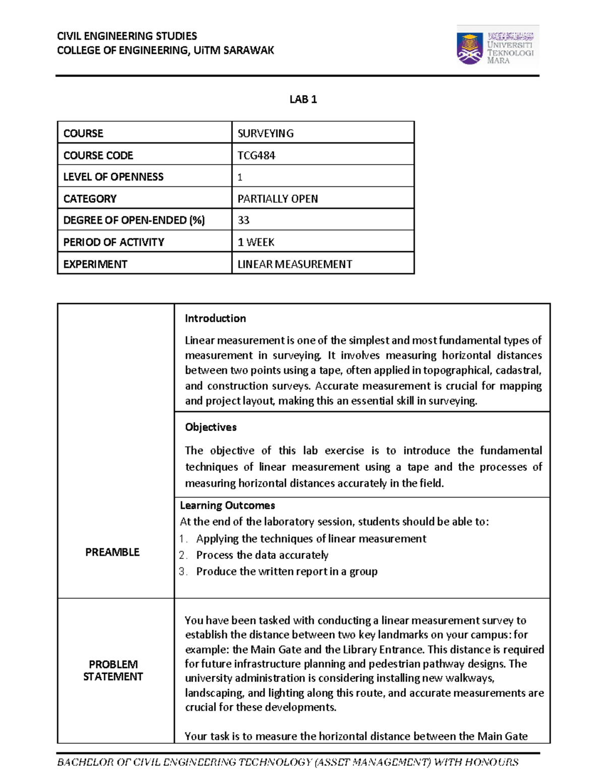 TCG484 LAB 1 Linear Measurement - COLLEGE OF ENGINEERING, UiTM SARAWAK ...