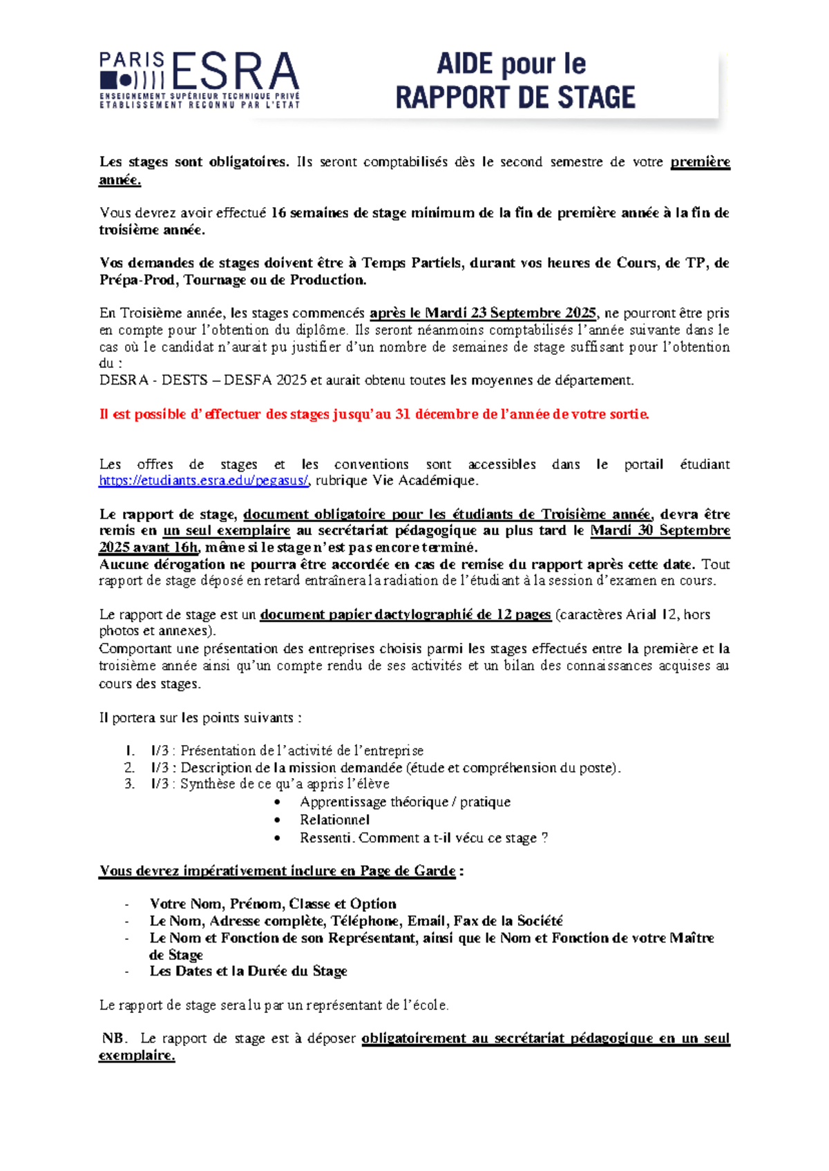 AIDE Rapport de Stage 2024-2025 : Directives et Exigences - Studocu