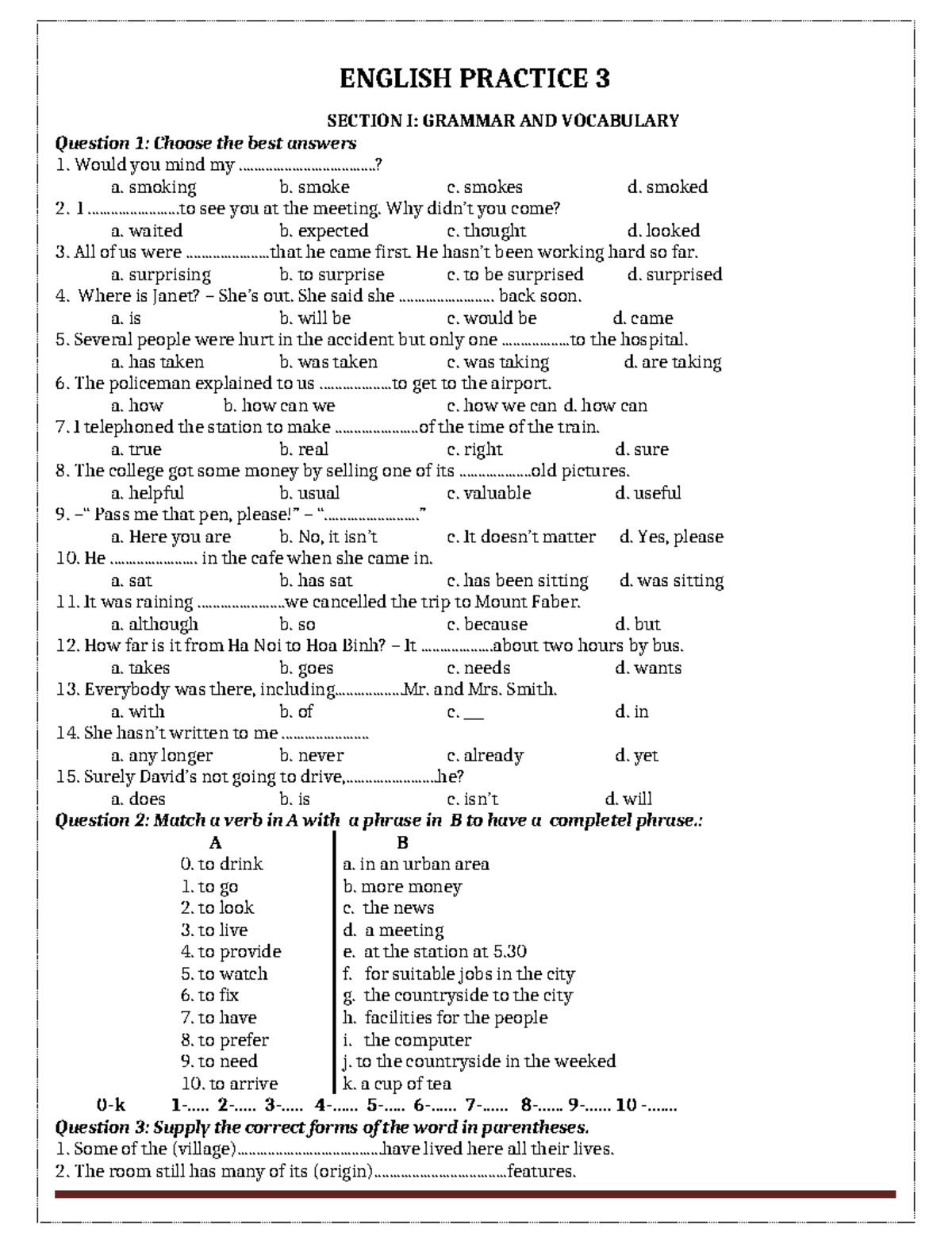 đề 3 - iydd - ENGLISH PRACTICE 3 SECTION I: GRAMMAR AND VOCABULARY ...