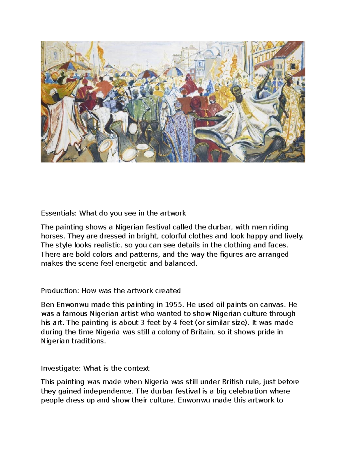 Essentials: Analysis of Ben Enwonwu's Durbar Painting - Studocu