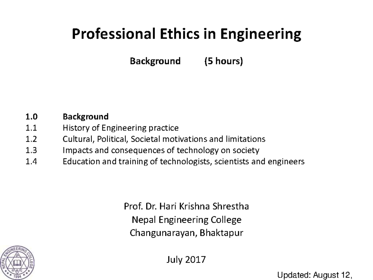 Professional Ethics in Engineering: Insights and Impacts (PEE) - Studocu