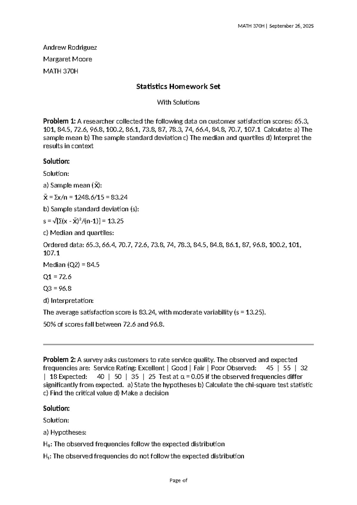 MATH 370H Statistics Homework Solutions and Interpretations - Studocu
