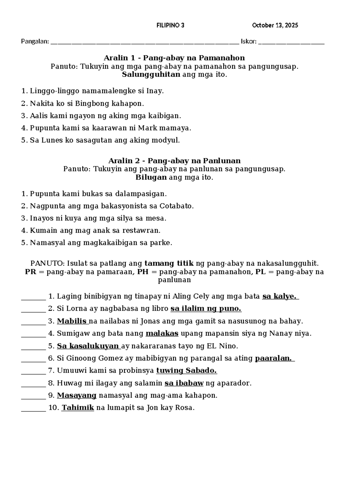 FILIPINO 3: Aralin sa Pang-abay - Panlunan at Pamanahon - Studocu