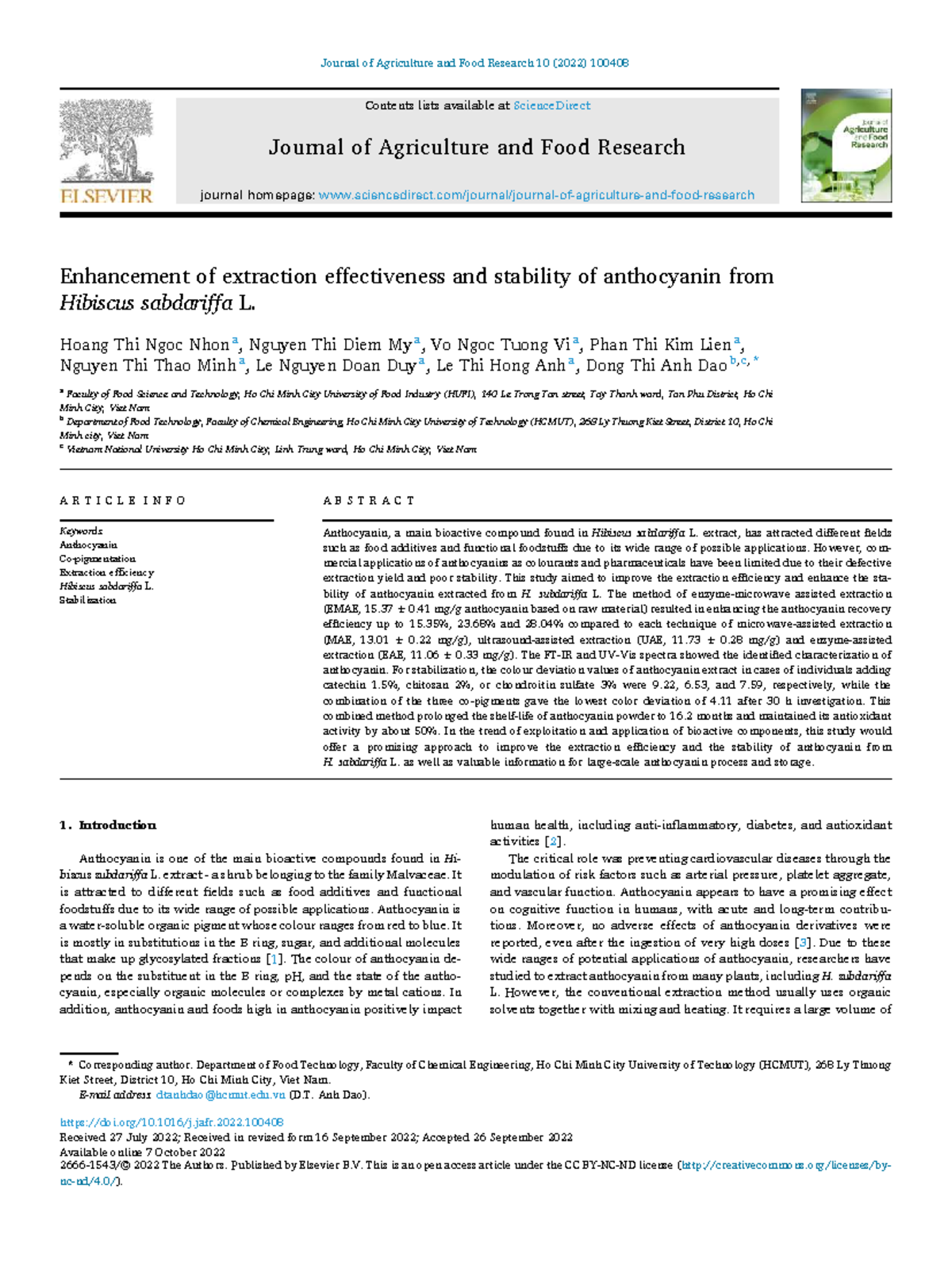 Enhancement of Anthocyanin Extraction & Stability from Hibiscus - JAFR ...