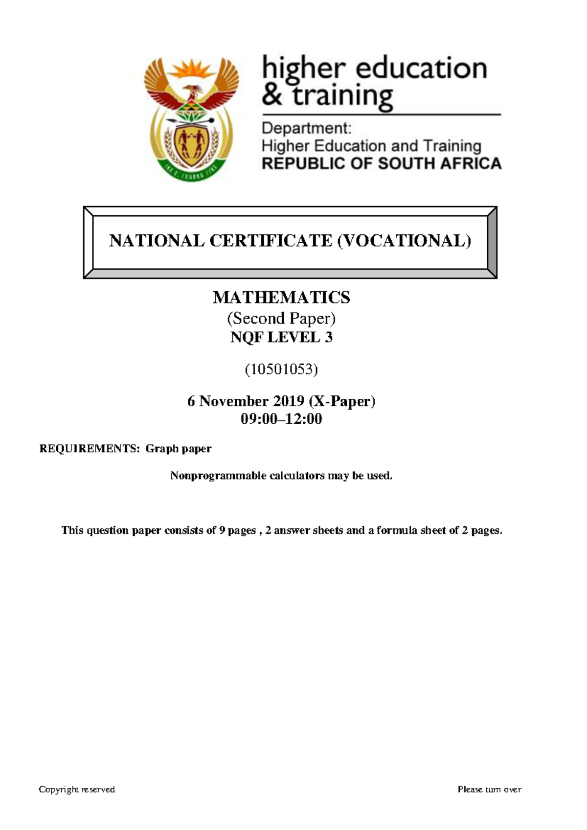 NCV3 Mathematics Paper 2 November 2019 (NQF Level 3) Exam Notes - Studocu