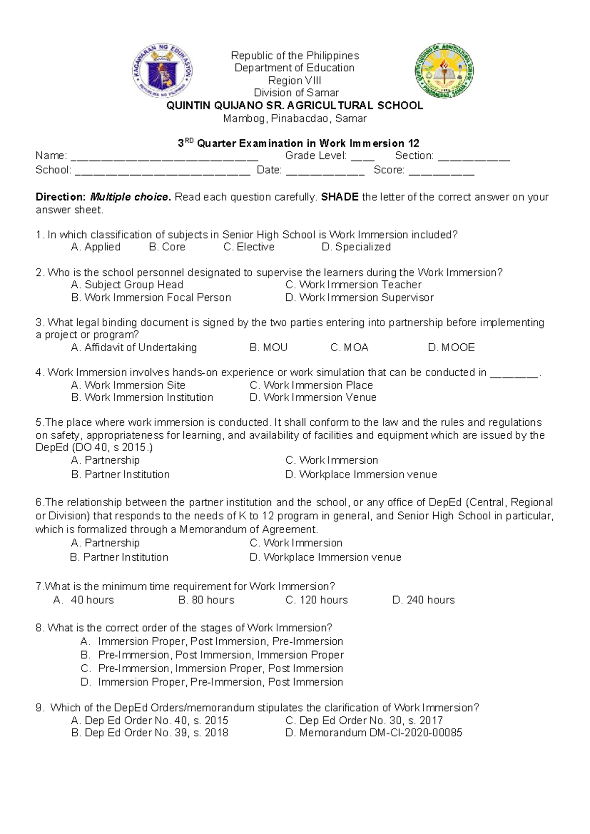 Summative Test in Work Immersion 12 - 3rd Quarter Exam - Studocu