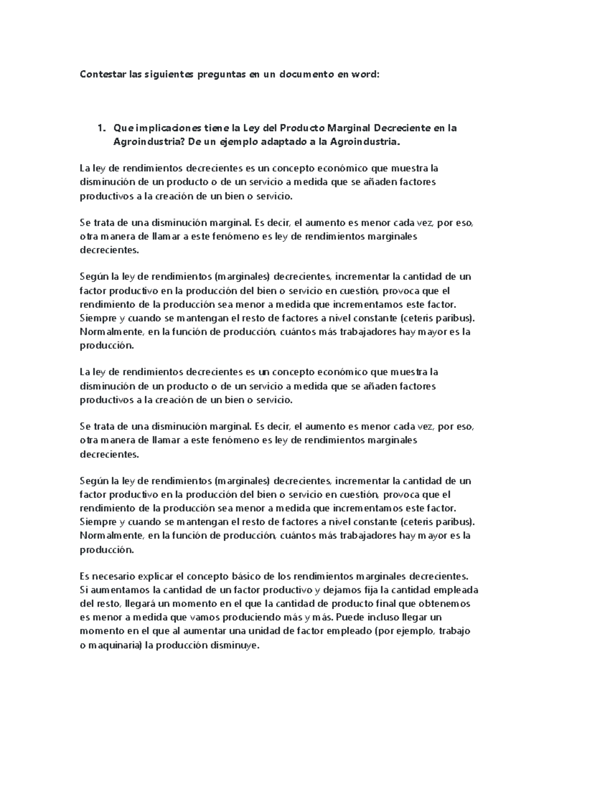 Ley del Producto Marginal Decreciente y Costos de Producción Tarea ...