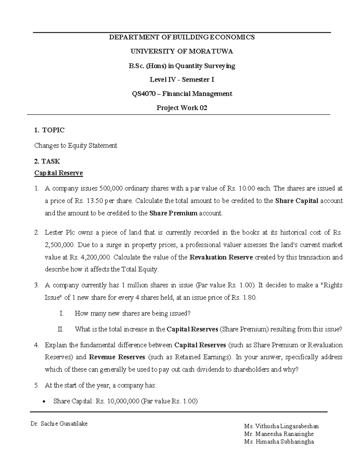 QS4070 Financial Management Project Work 02 - Changes to Equity ...