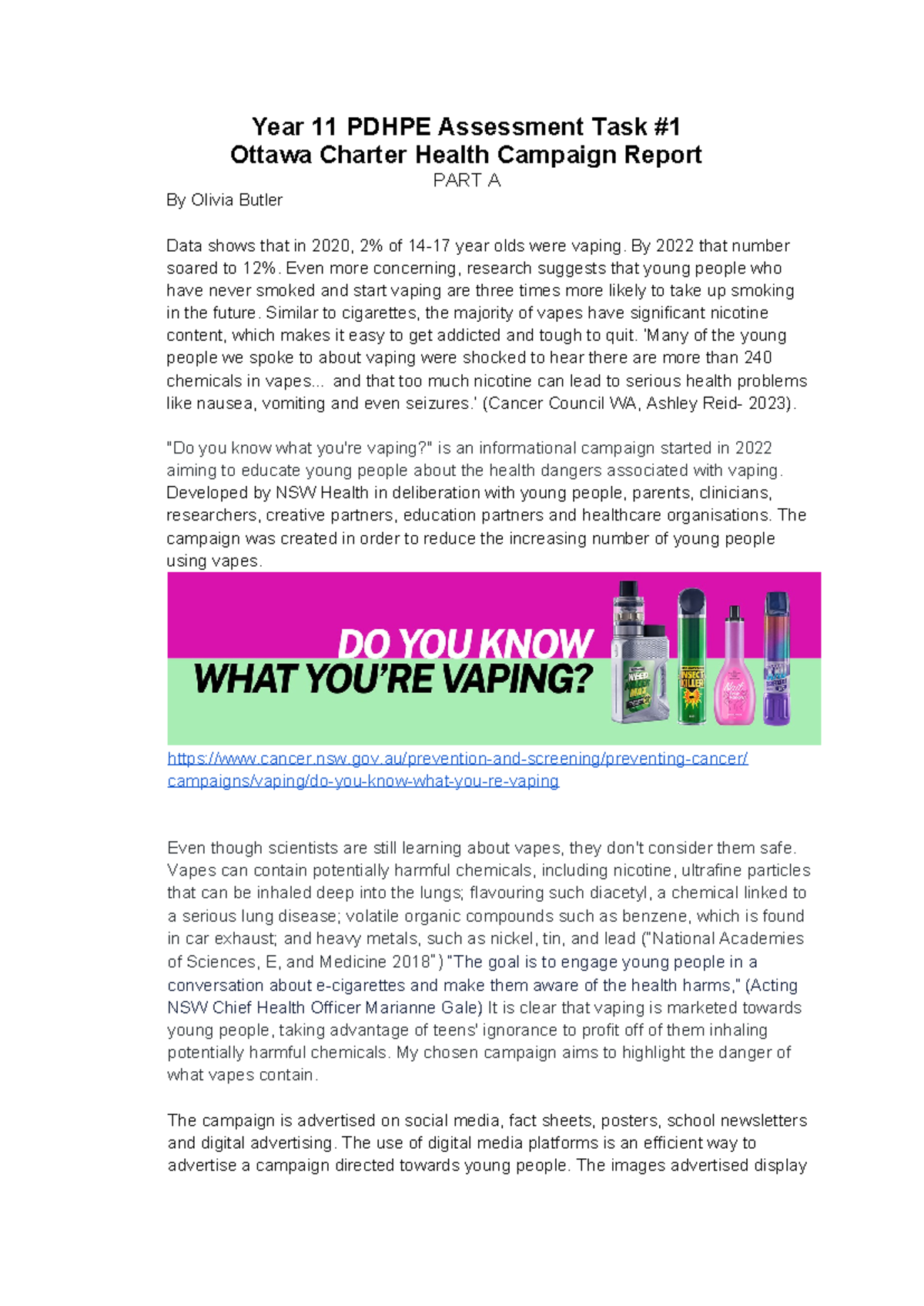 Year 11 PDHPE Assessment Task: Ottawa Charter Vaping Campaign Report ...