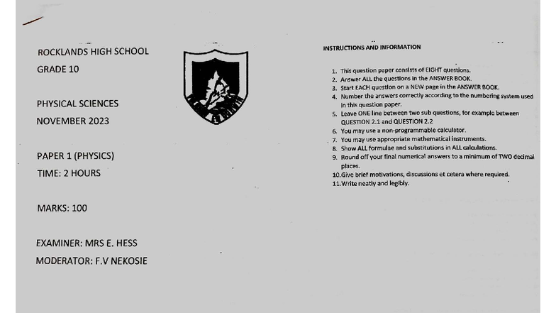 Physical Sciences P1 - Grade 10 Past Exam Paper Nov 2023 - Studocu