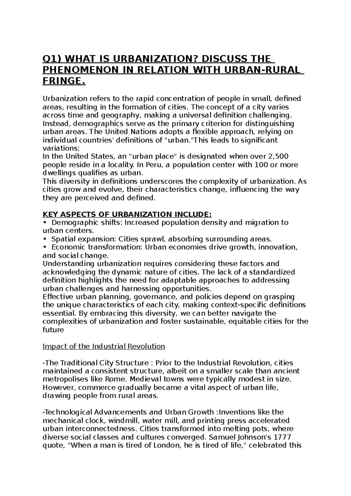 History minor 5th sem - Q1) WHAT IS URBANIZATION? DISCUSS THE ...