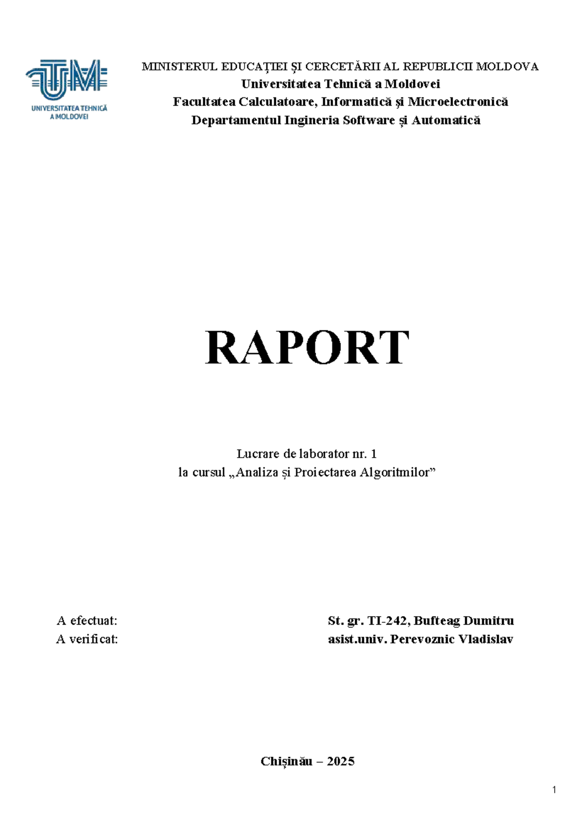Raport de laborator nr. 1 - Proiectarea A (Curs: Ingineria Software ...
