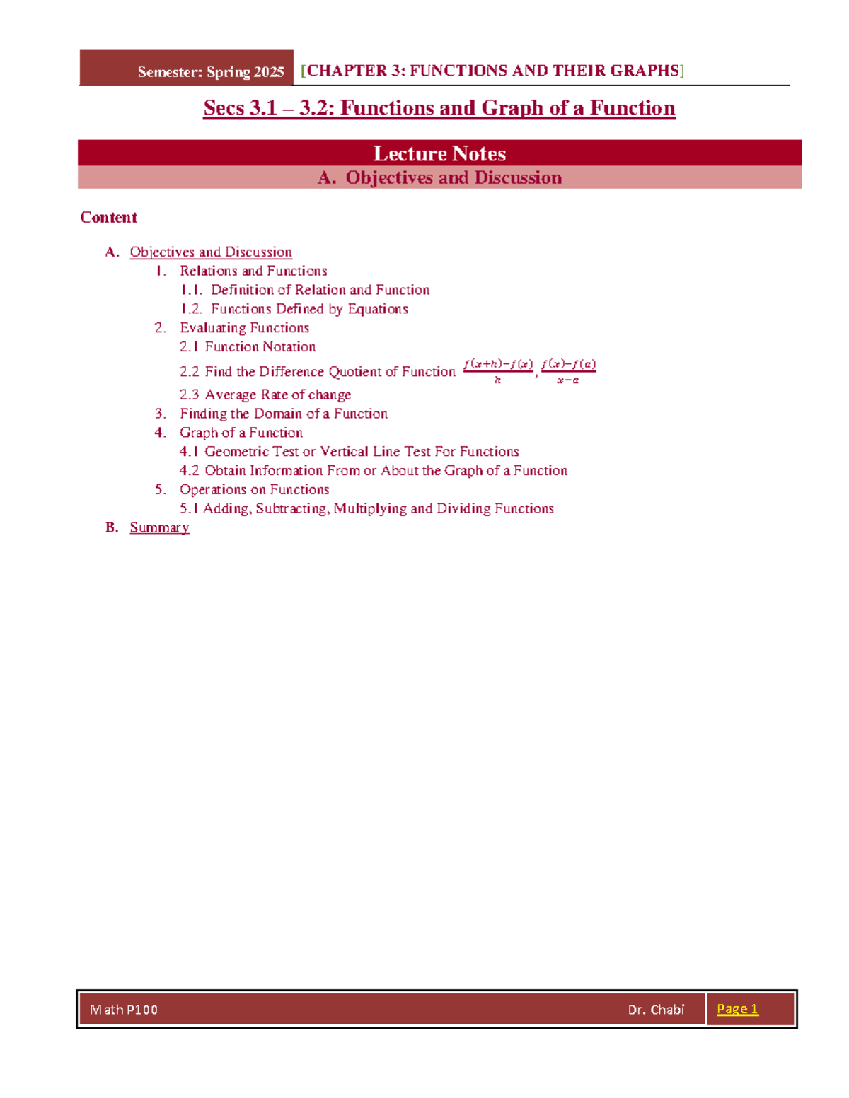 Math P100: Spring 2025 - Functions and Their Graphs Lecture Notes - Studocu