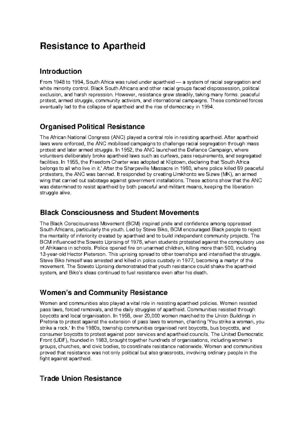 Resistance to Apartheid: A Study of Struggles (HIST 101) - Studocu