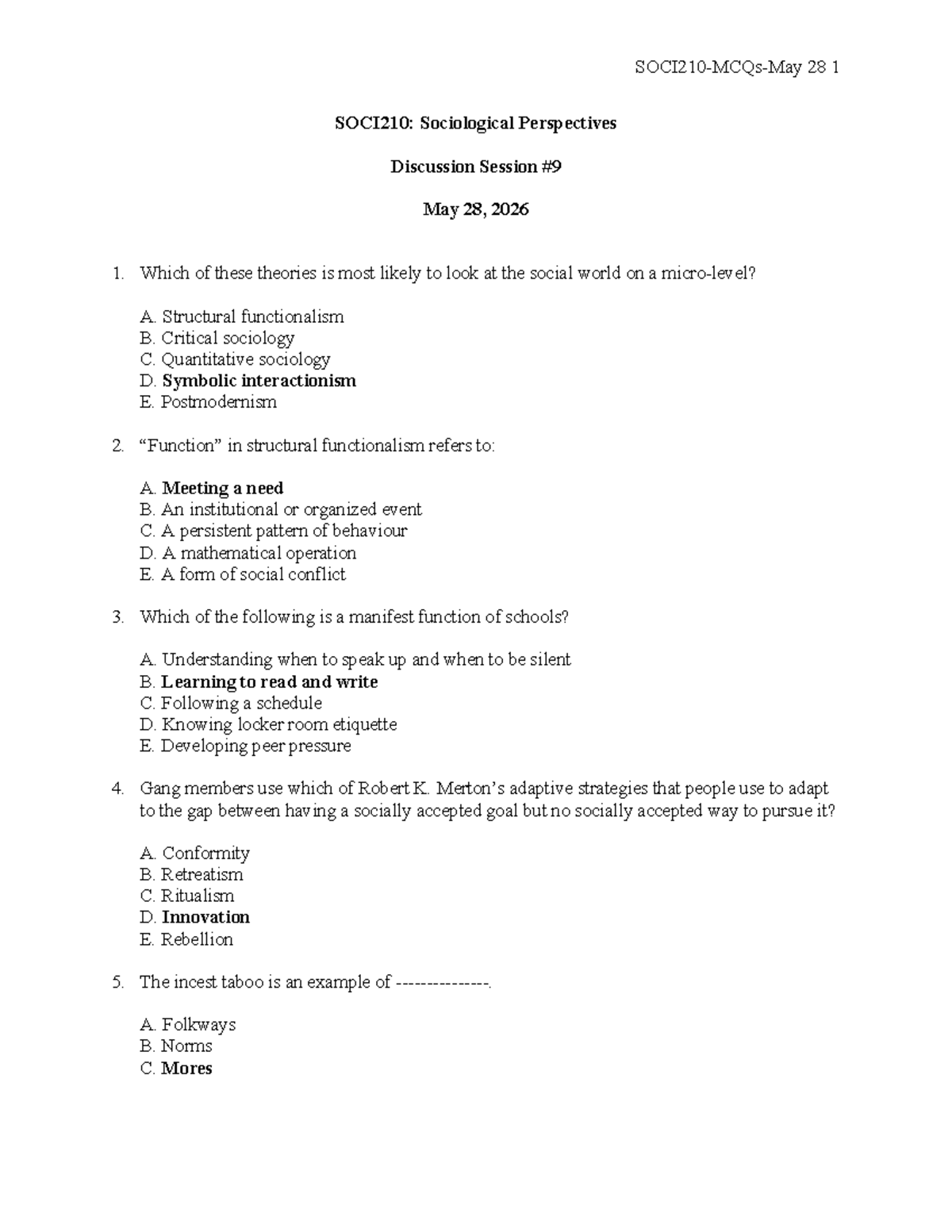 SOCI210: Sociological Perspectives Discussion Questions - May 2026 ...