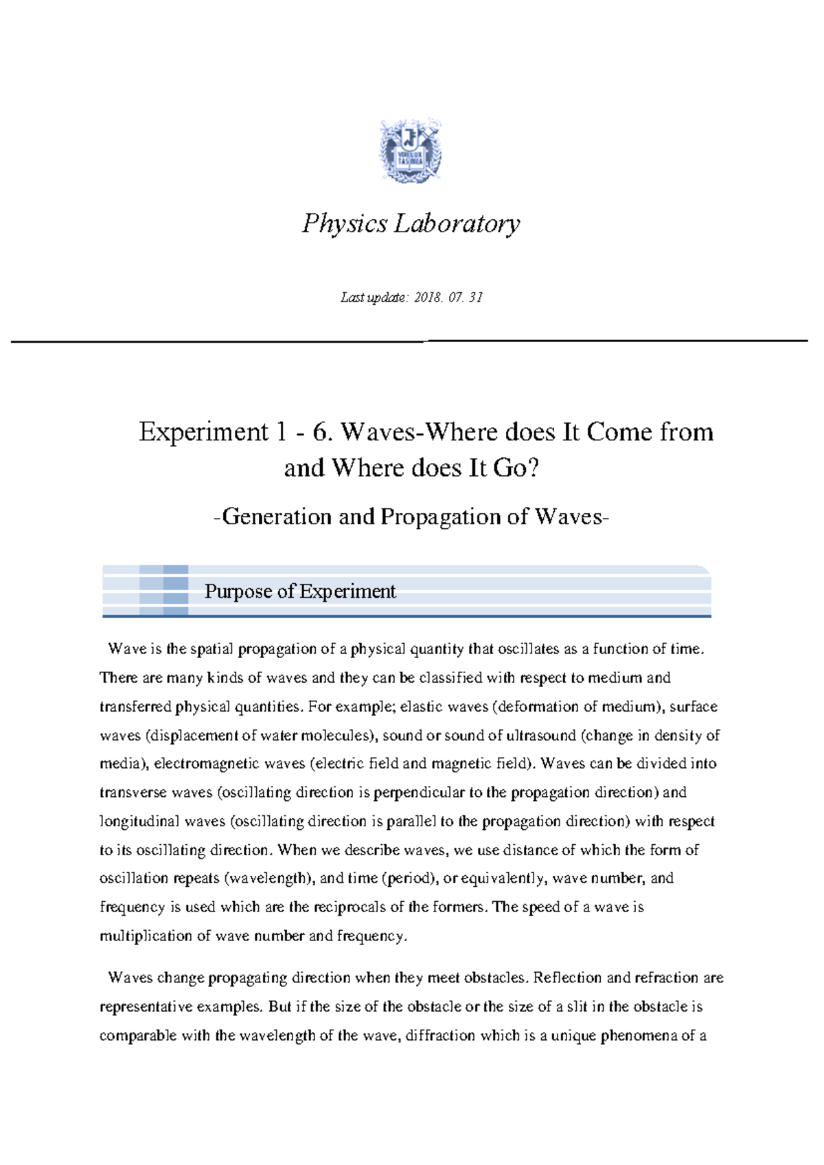 5. Physics Lab (PHYS101) - Wave Experiment 5: Propagation and ...