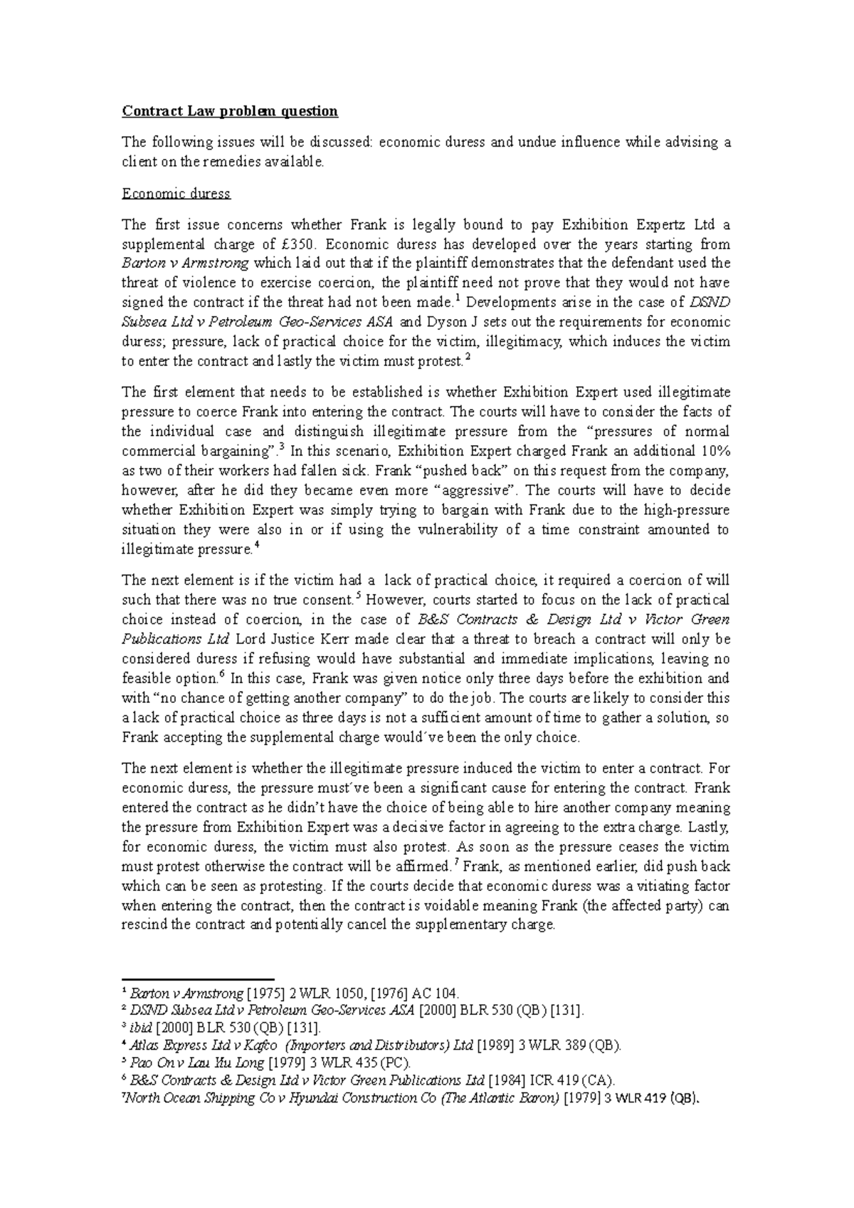 Contract Law PQ: Economic Duress and Undue Influence Analysis - Studocu