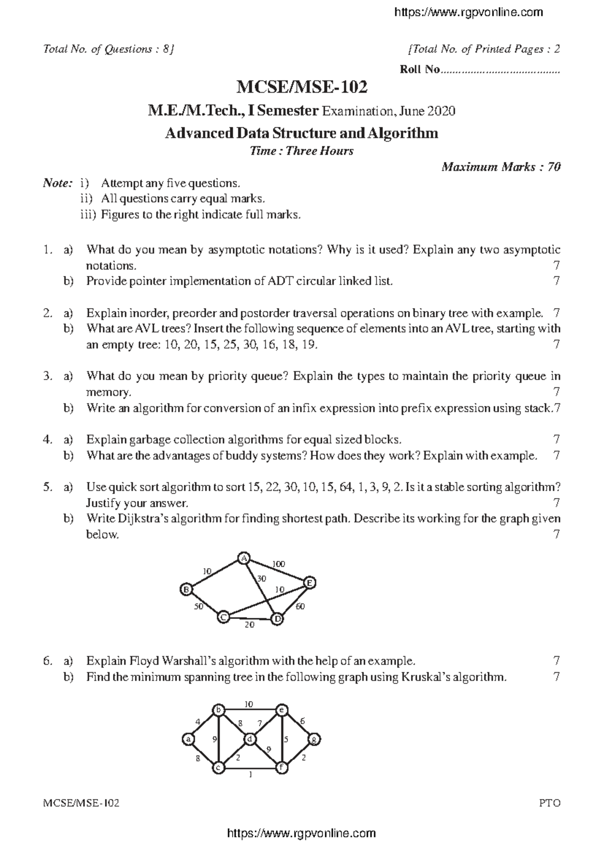 MTech 1 Sem Advanced Data Structures & Algorithms MCSE MSE 102 Exam ...