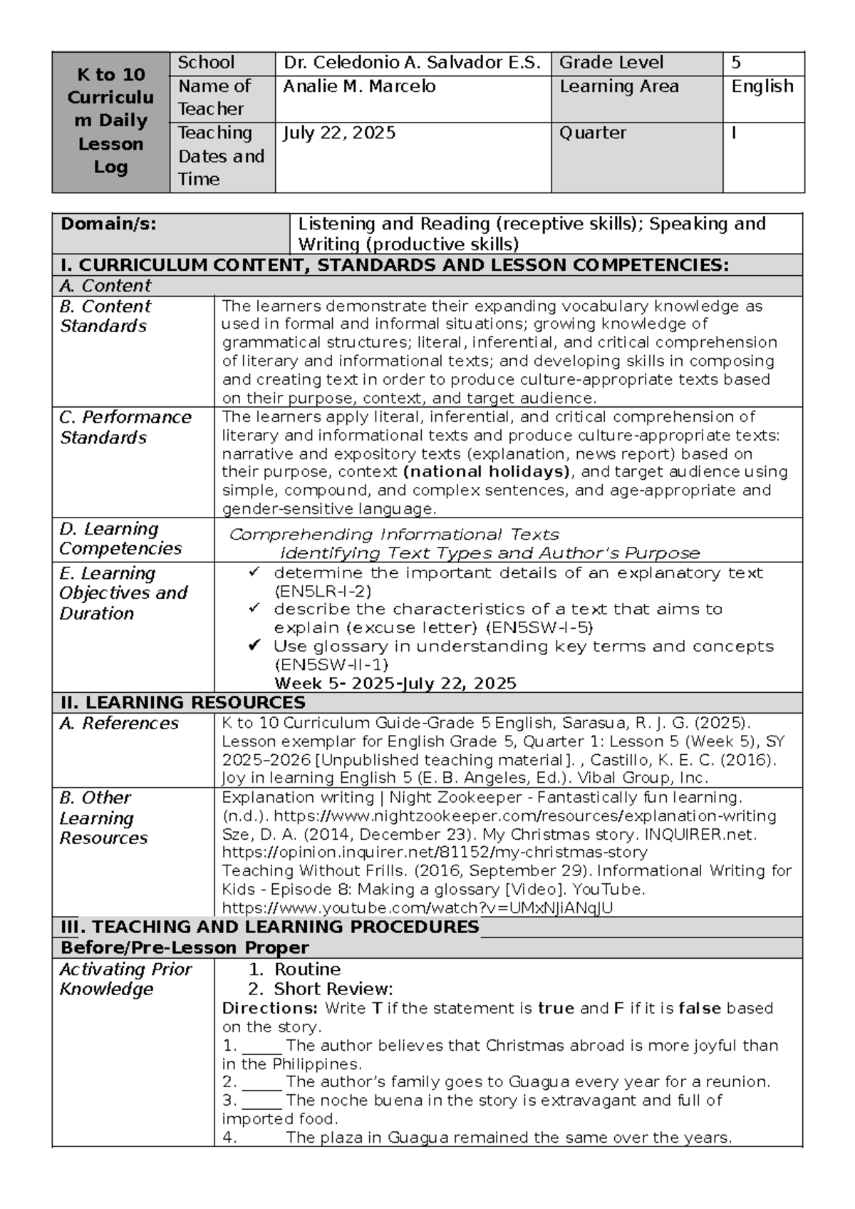 Grade 5 English Lesson Plan: Listening & Reading (July 22, 2025) - Studocu