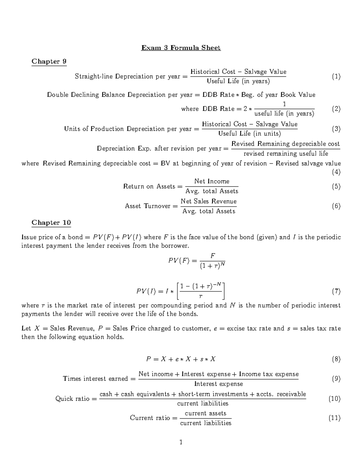 Exam 3 Formula Sheet - Exam 3 Formula Sheet Chapter 9 Straight-line ...