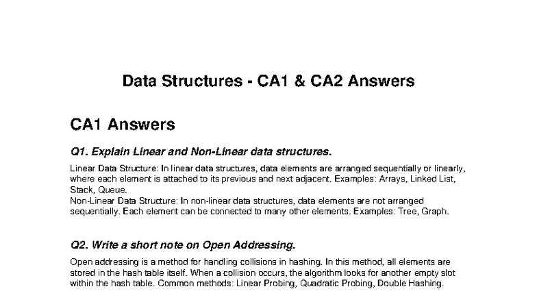 Data Structures CA1 & CA2 Comprehensive Answers - Studocu
