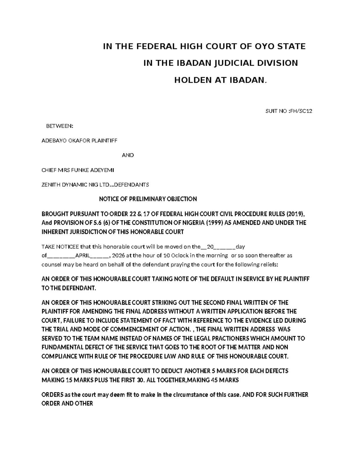 Final Preliminary Objection for Mooting 2026 - Suit No: Oyo State - Studocu