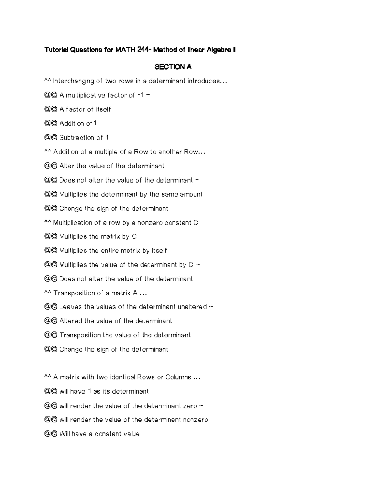Tutorial Questions for MATH 244: Linear Algebra II Concepts - Studocu