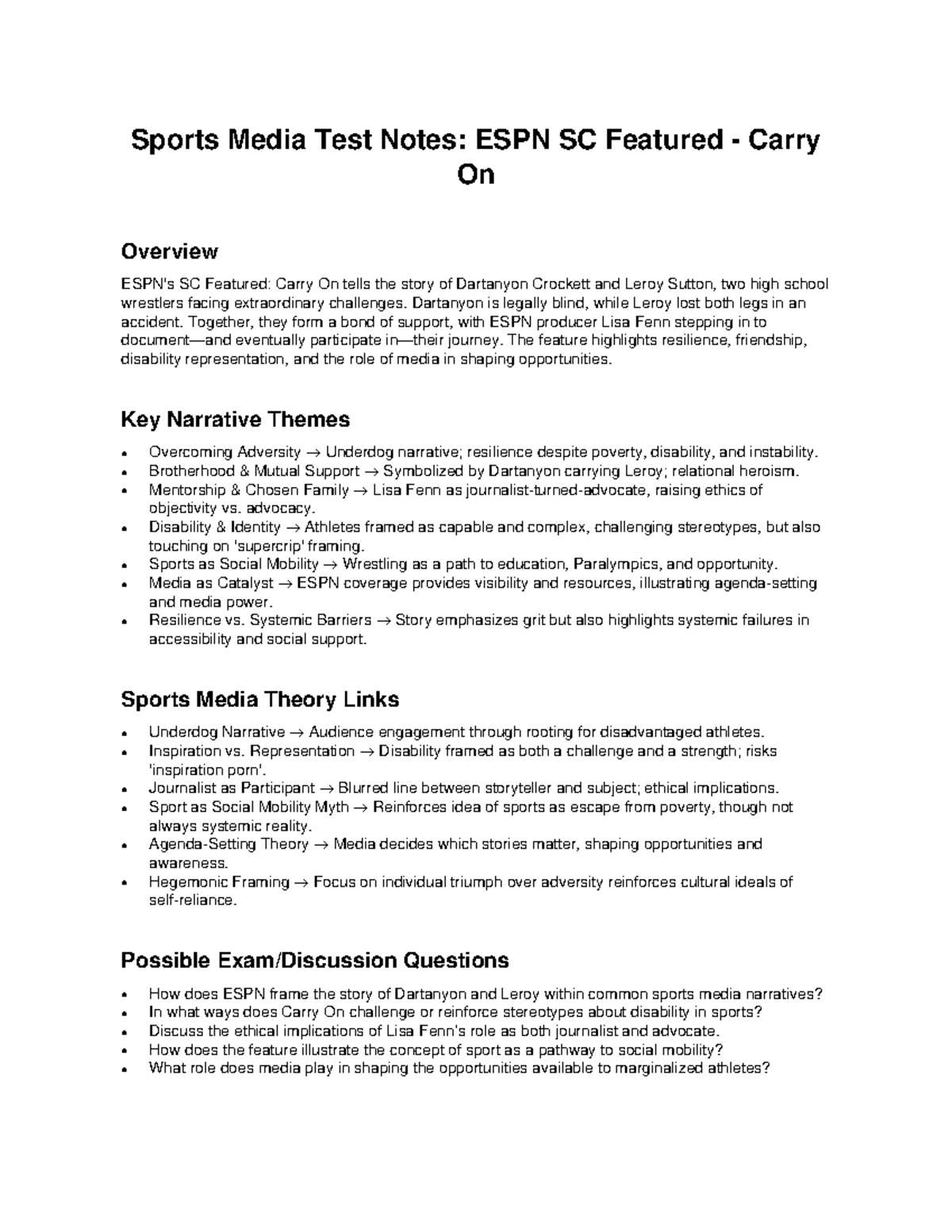 ESPN SC Featured: Carry On Sports Media Test Notes Overview - Studocu