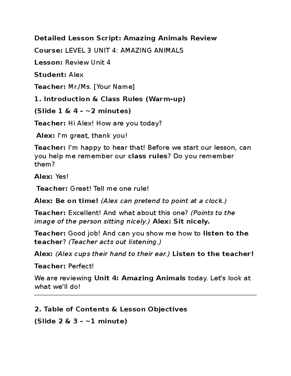 LEVEL 3 UNIT 4: Amazing Animals Lesson Review Script - Studocu
