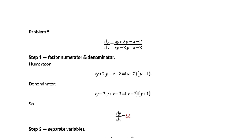 MTH401 ch#03 Problem 5 - EXERCISE SOLUTION - Problem 5 dy dx = xy+ 2 y ...