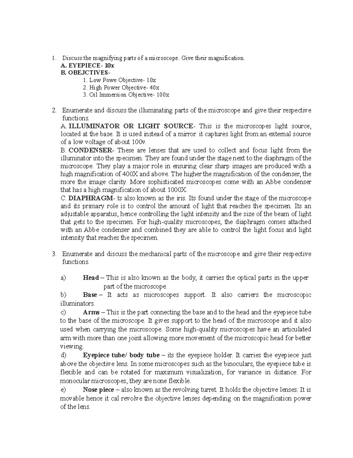 Microscopy Experiment 1: Detailed Overview of Microscope Components - Studocu