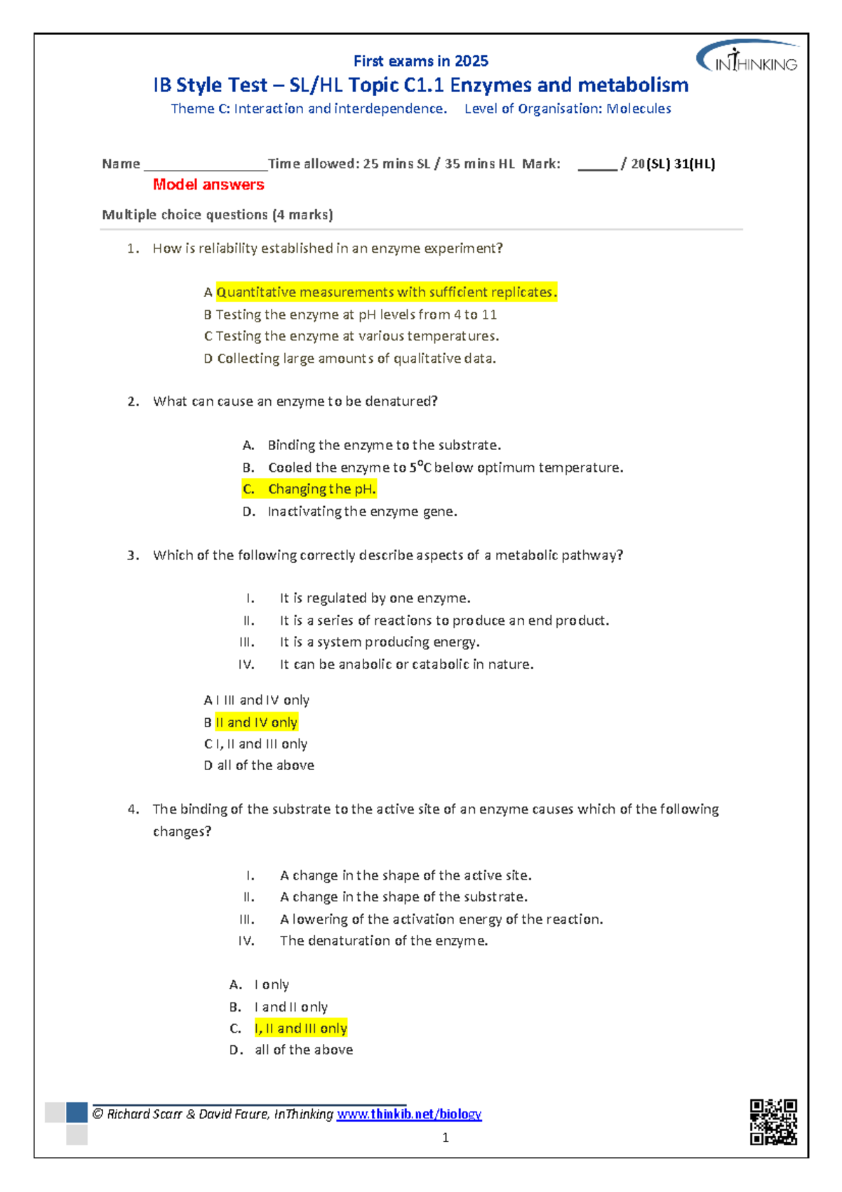 C1.1 IB Style Test: Enzymes and Metabolism Analysis - Studocu