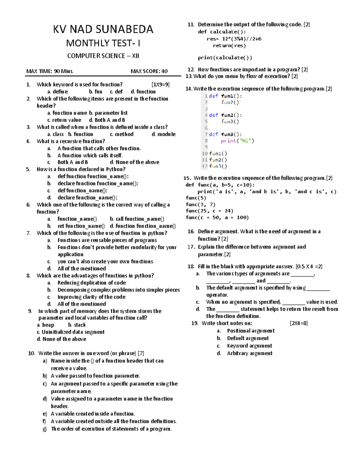 MT 1 CS XII 2024-25 - Question Paper for Class 12 Monthly Test 1 - Studocu