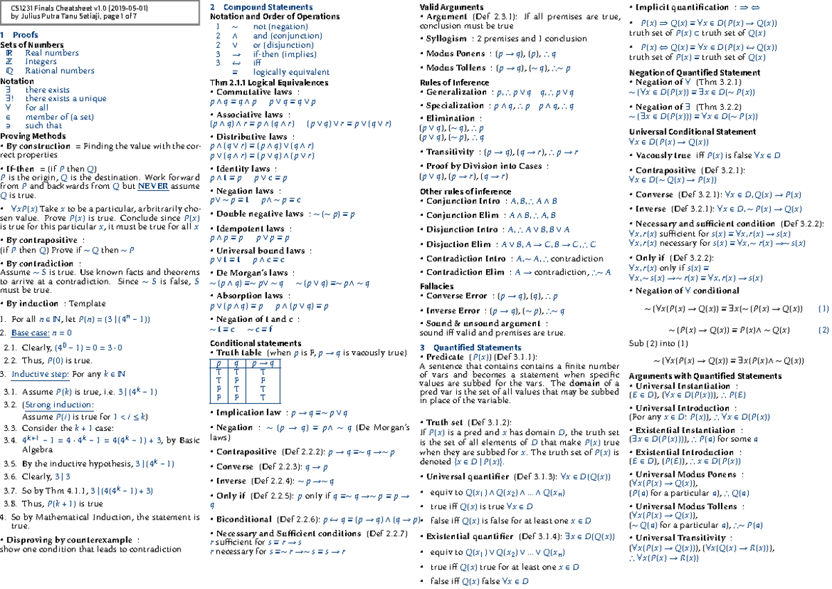 CS1231 Finals Cheatsheet: Proofs, Logic, and Number Theory - Studocu