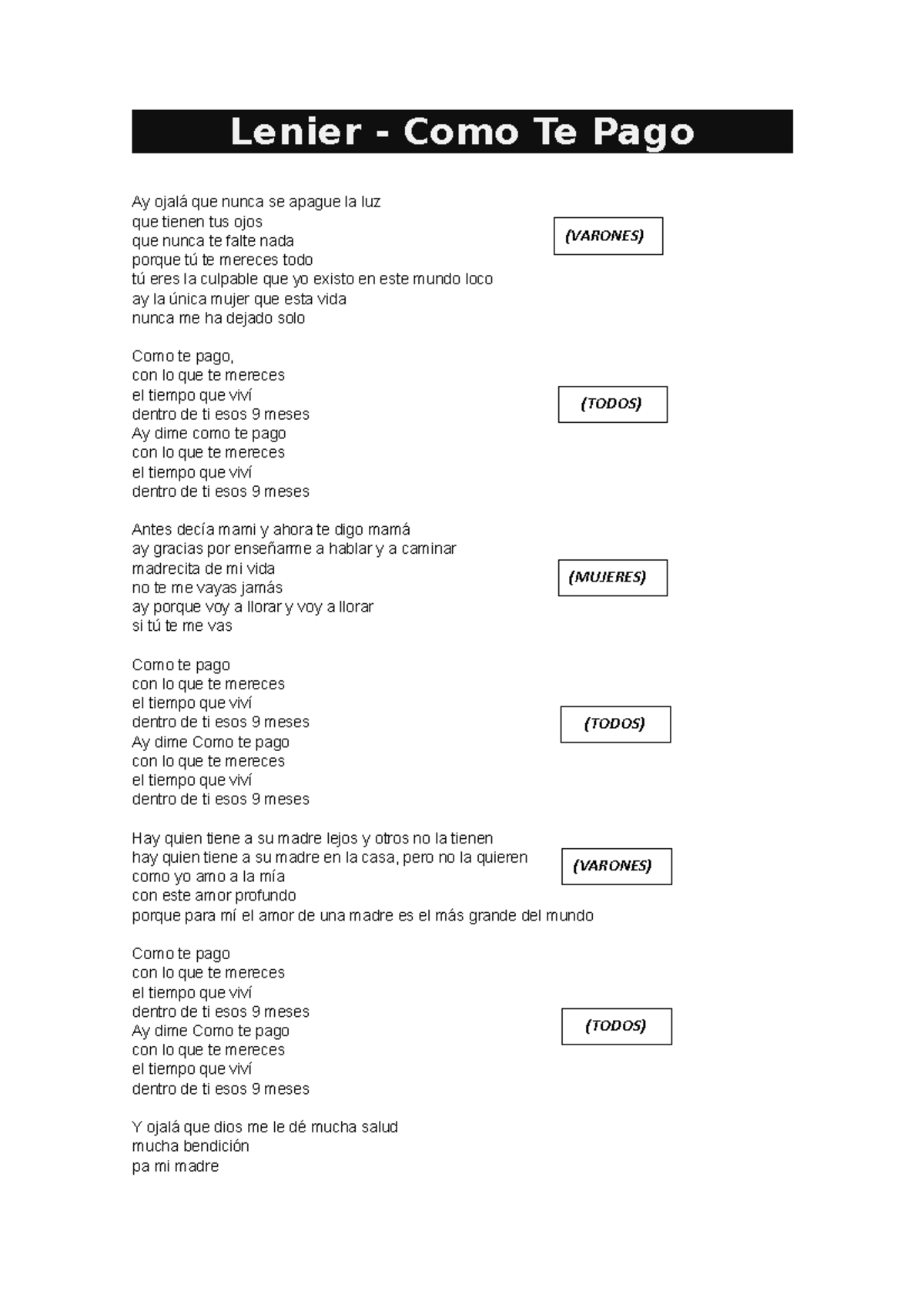 Cancion DIA DE LA Madre - Lenier - Como Te Pago Ay ojalá que nunca se ...