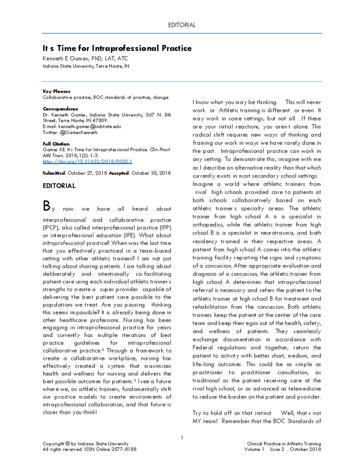 EDITORIAL: Embracing Intraprofessional Practice in Athletic Training ...