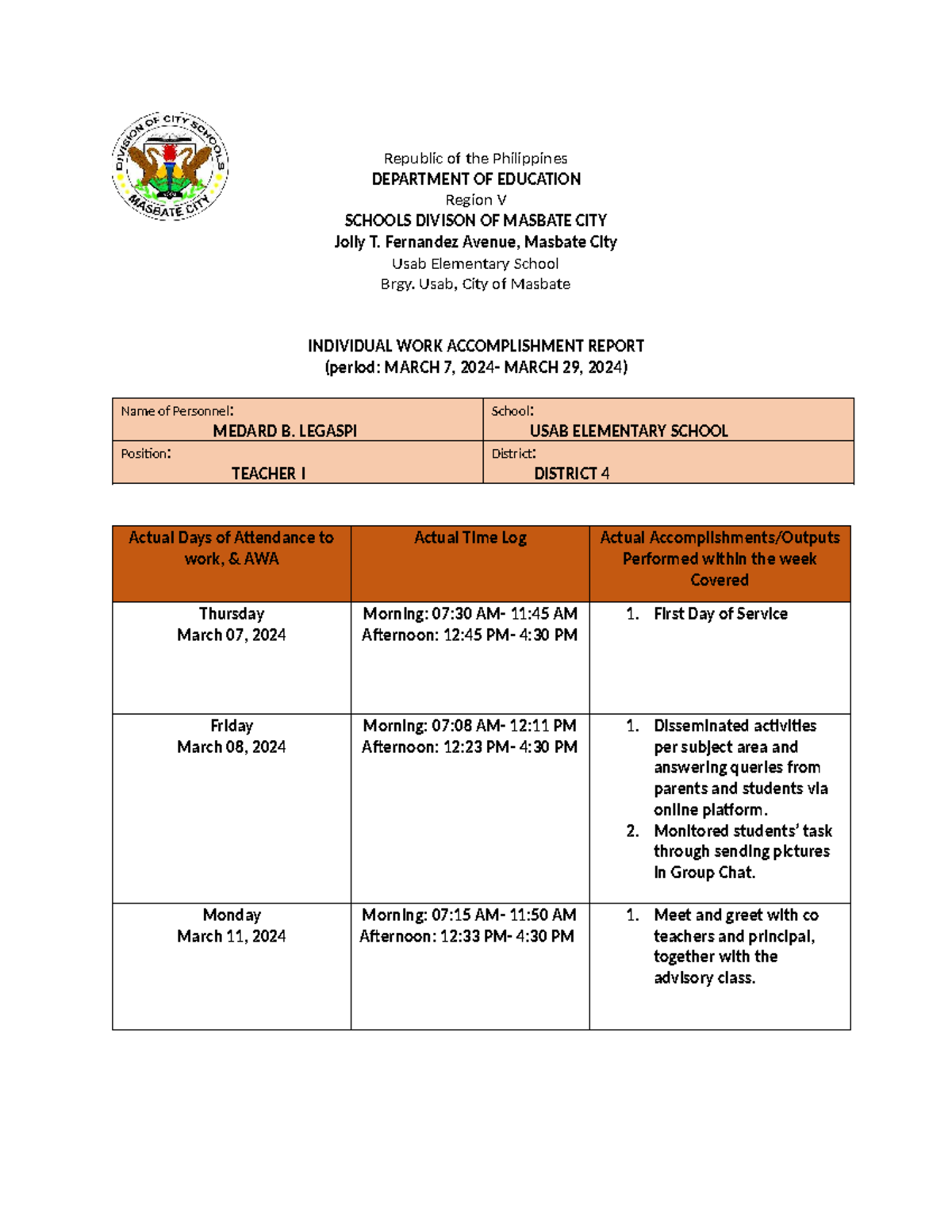 Accomplishmnet report - Republic of the Philippines DEPARTMENT OF ...